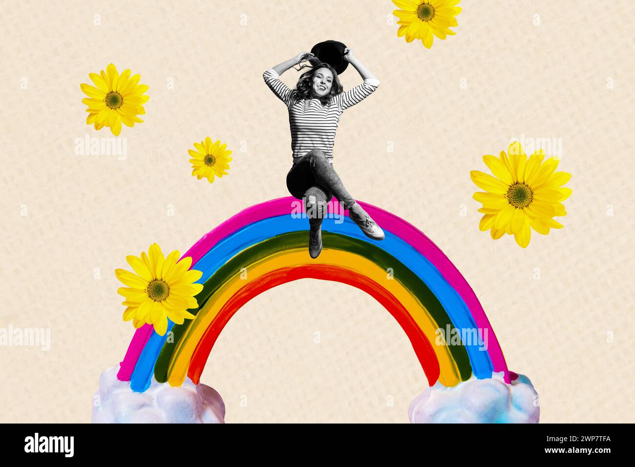 Composite image collage of happy young girl sit rainbow touch hair pose ...