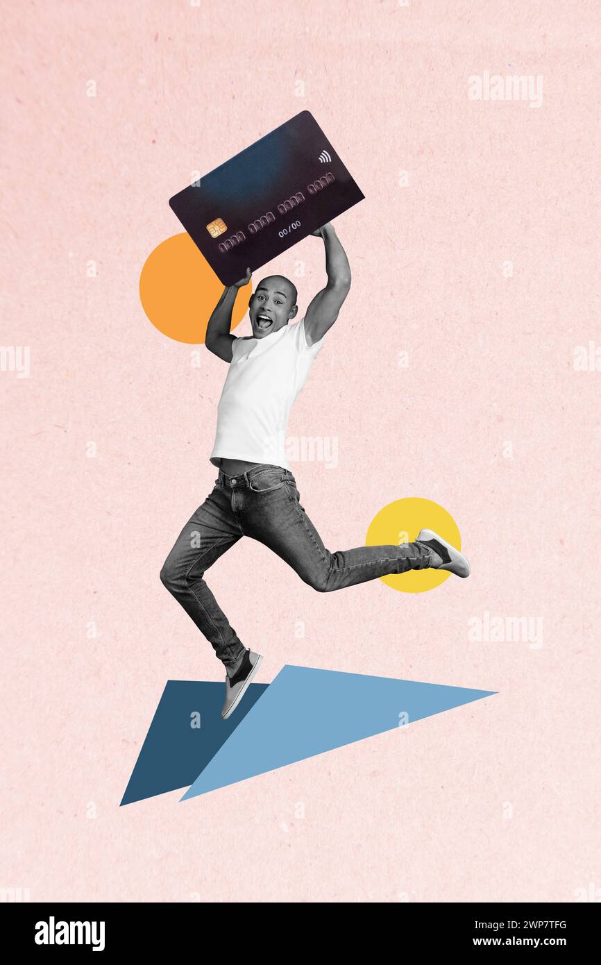 Vertical creative photo collage young running man hold credit card ...