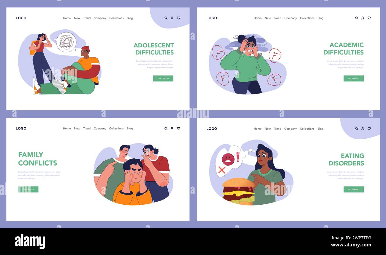 Mental health challenges set. Teenagers facing family disputes, feeling ...