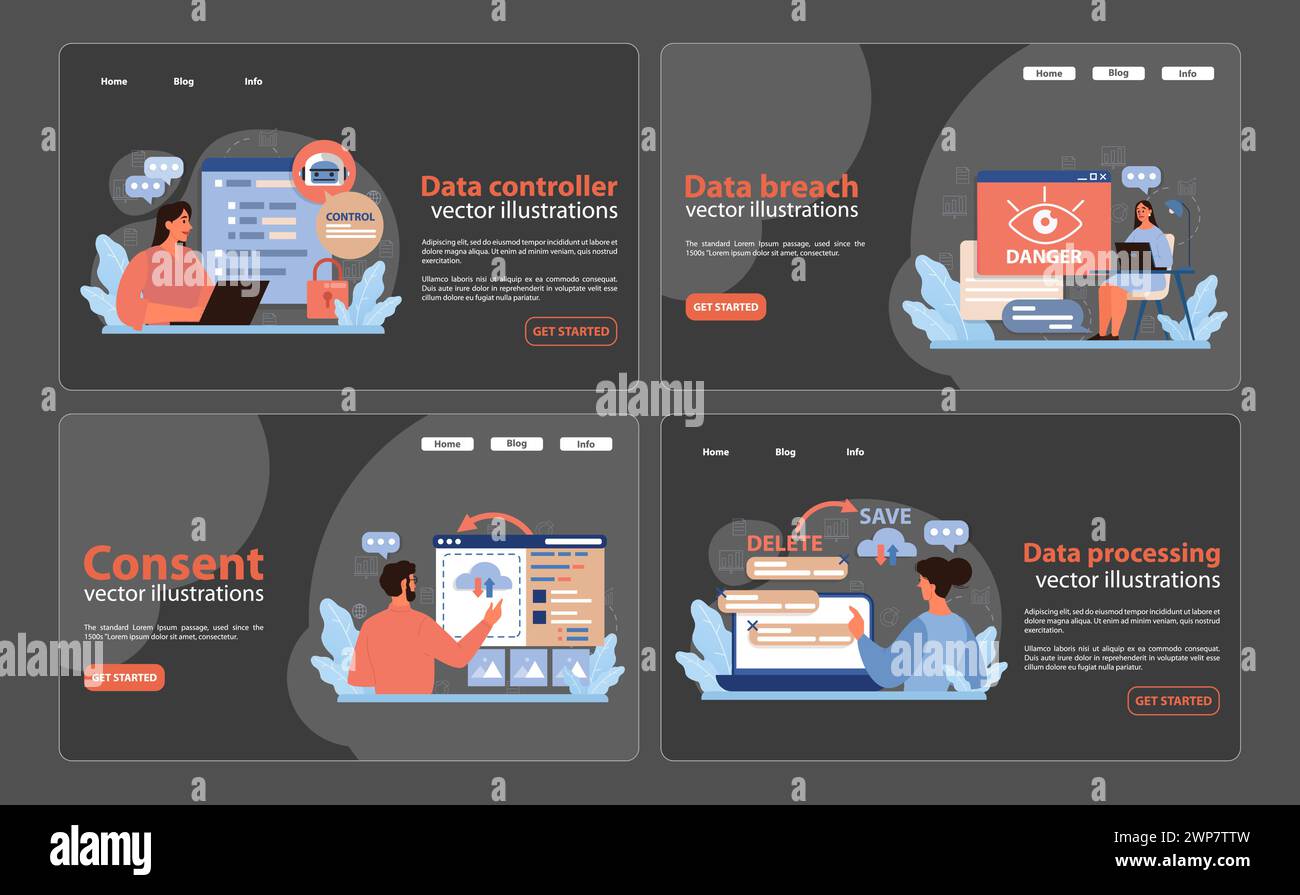 Data protection set. Safeguarding digital information, woman ...