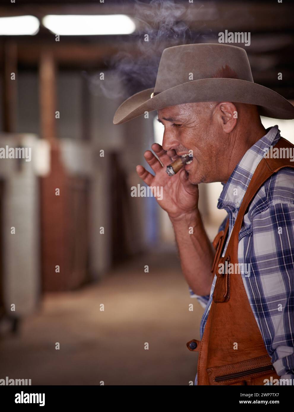 Smoke, cigar and senior cowboy on ranch for farming, agriculture and ...
