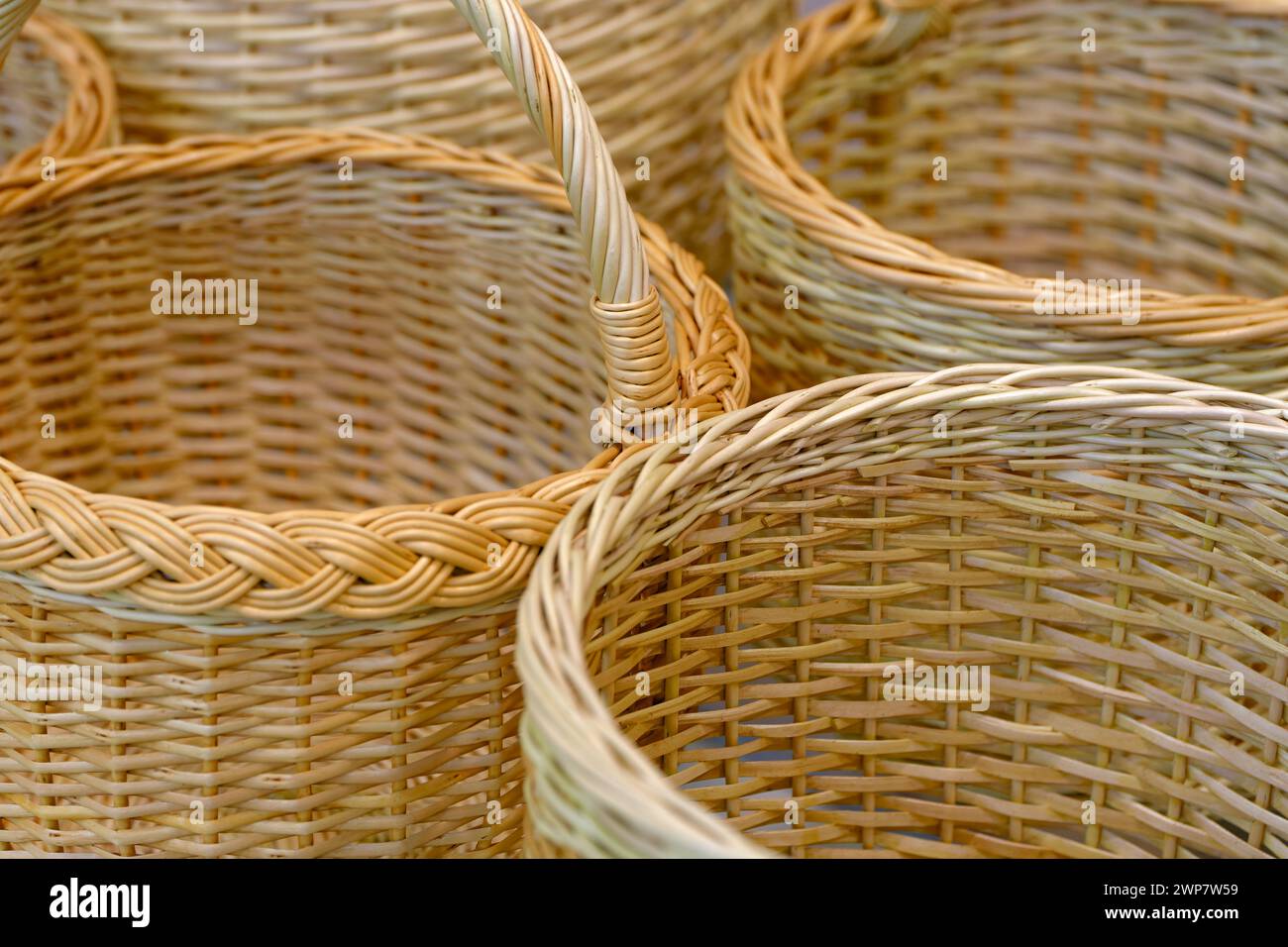 Group of empty wicker baskets, close-up shot, abstract background Stock ...