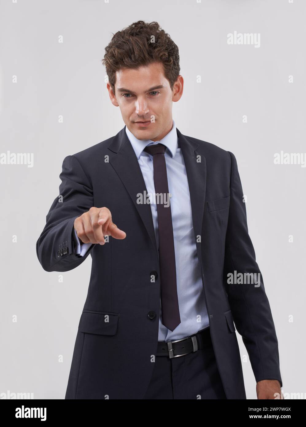 Business, man and click a digital interface in studio on white ...