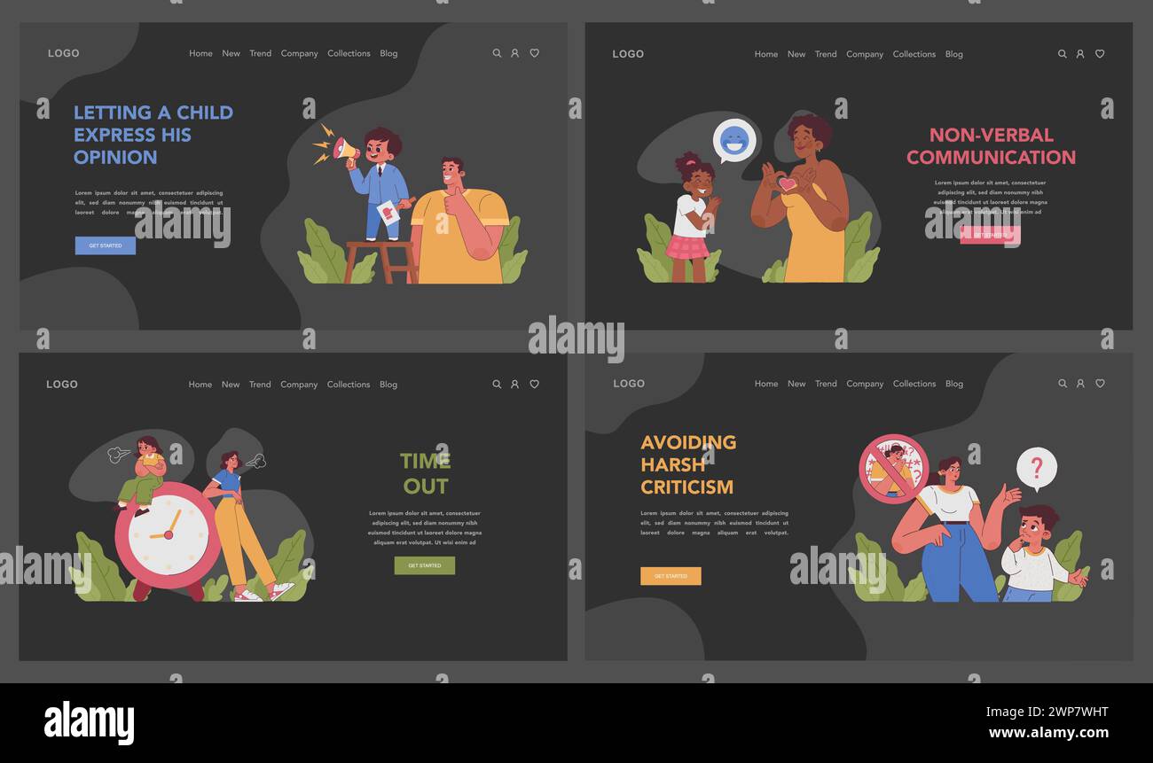 Effective communication dark or night mode web or landing set. Parents ...