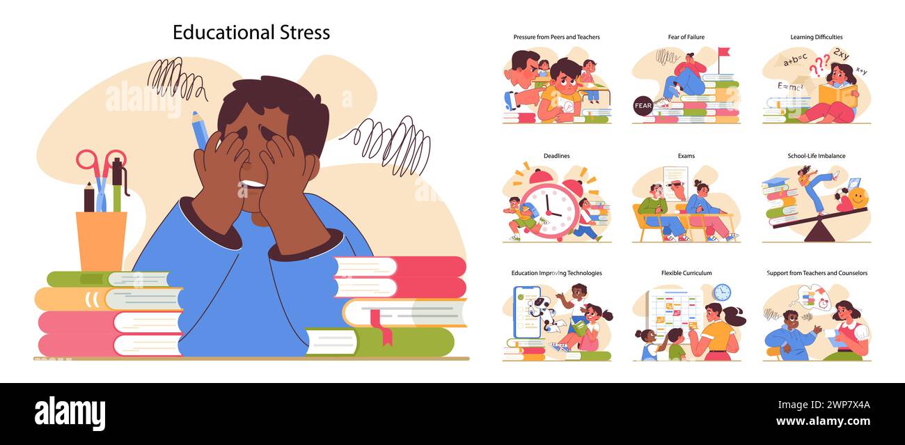 Educational stress set. Overwhelmed students grappling with deadlines ...