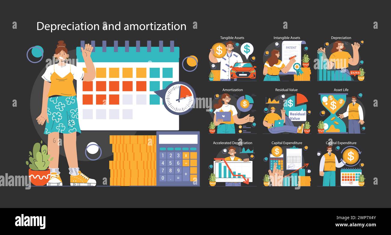 Amortization and depreciation dark or night mode set. Calculating the ...