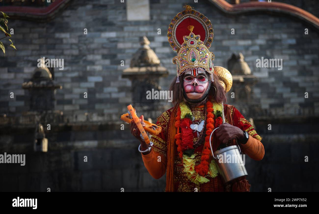 March 6, 2024: A holy man (sadhu) dressed up as Hanuman participates in ...