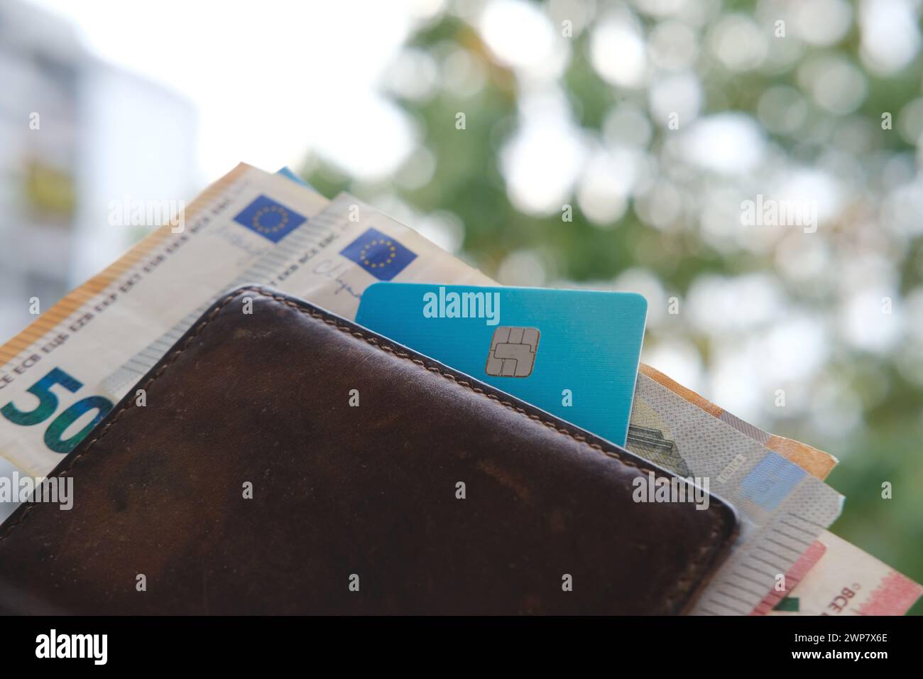 brown leather wallet with EU Currency banknotes with Bank card, cash ...