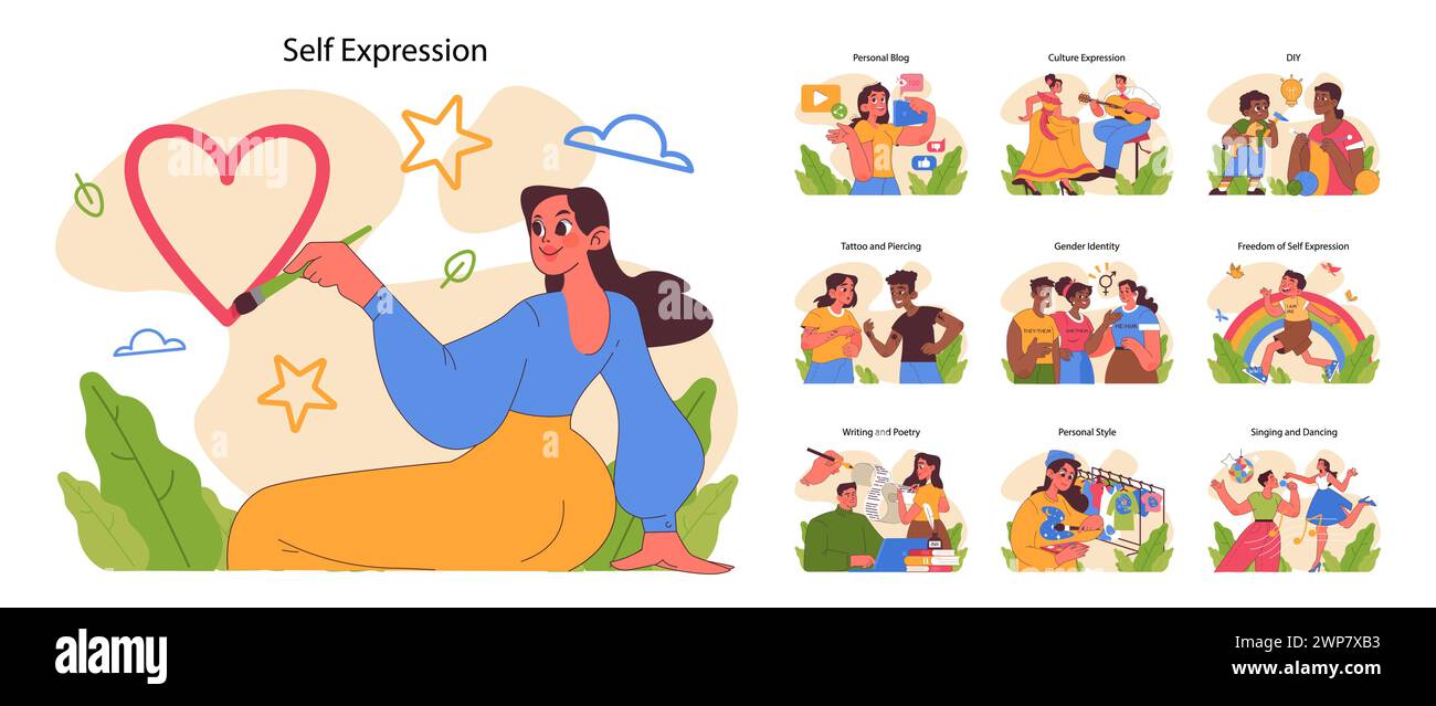 Self expression set. Creative individuals showcasing identity and ...