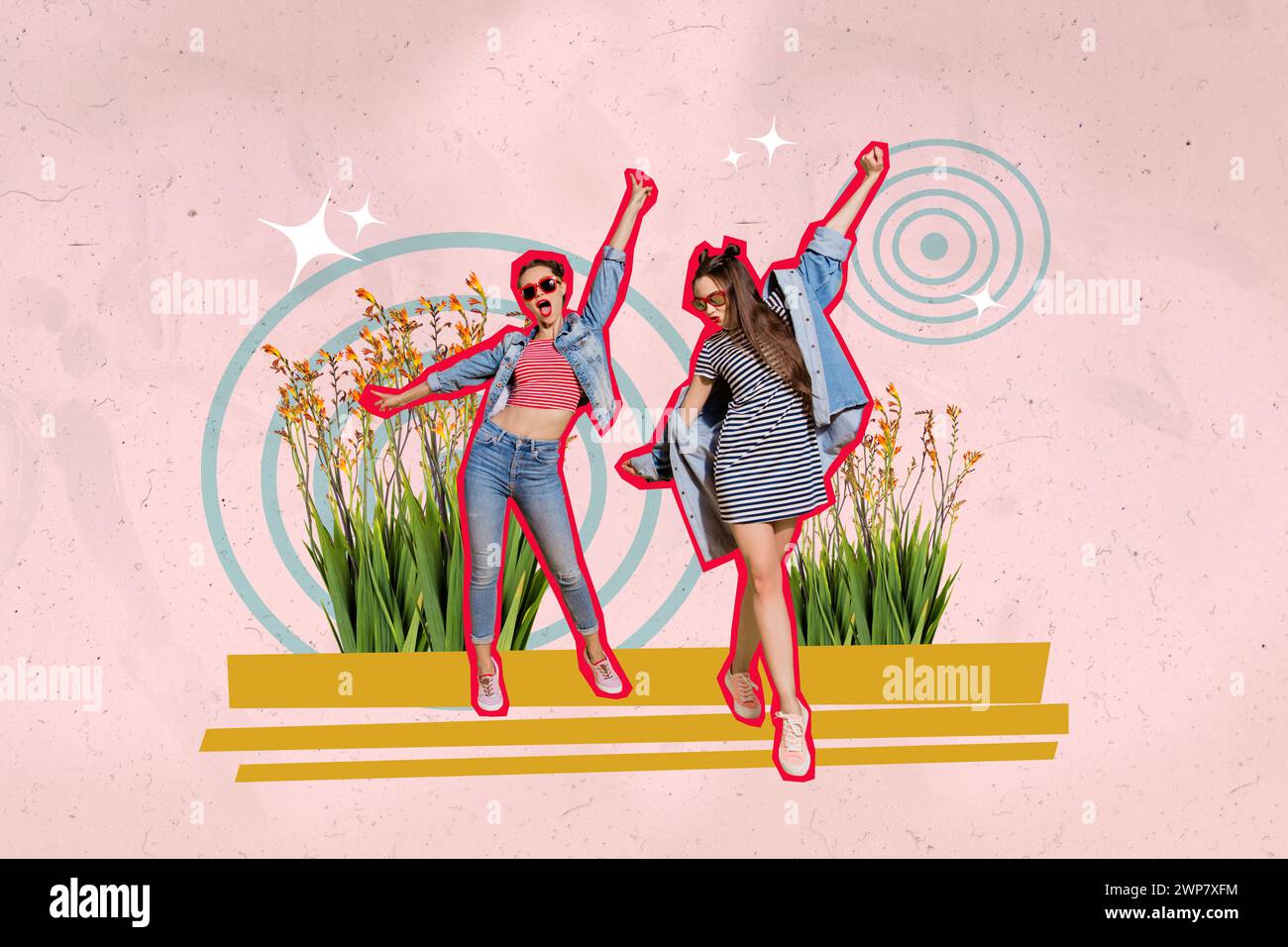Composite collage picture image of funny two friends dancing have fun ...