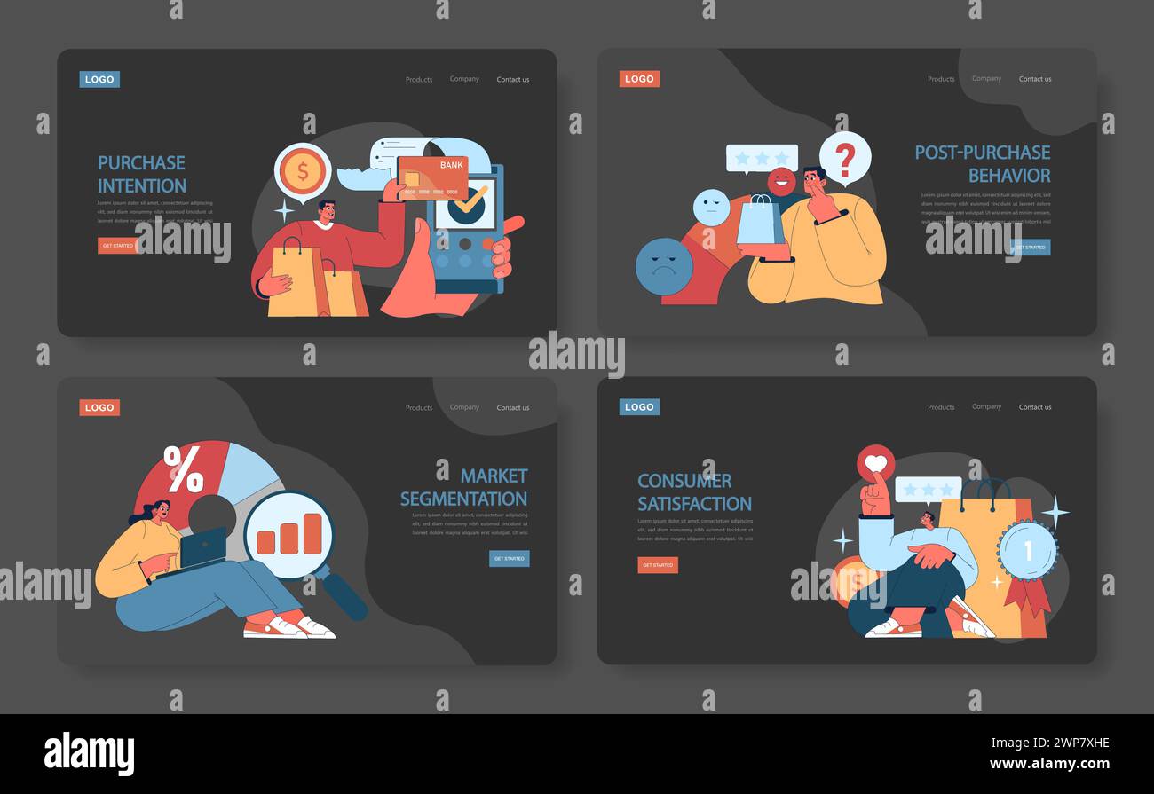 Consumer behavior dark or night mode web or landing set. Purchase journey. Decision process to ...