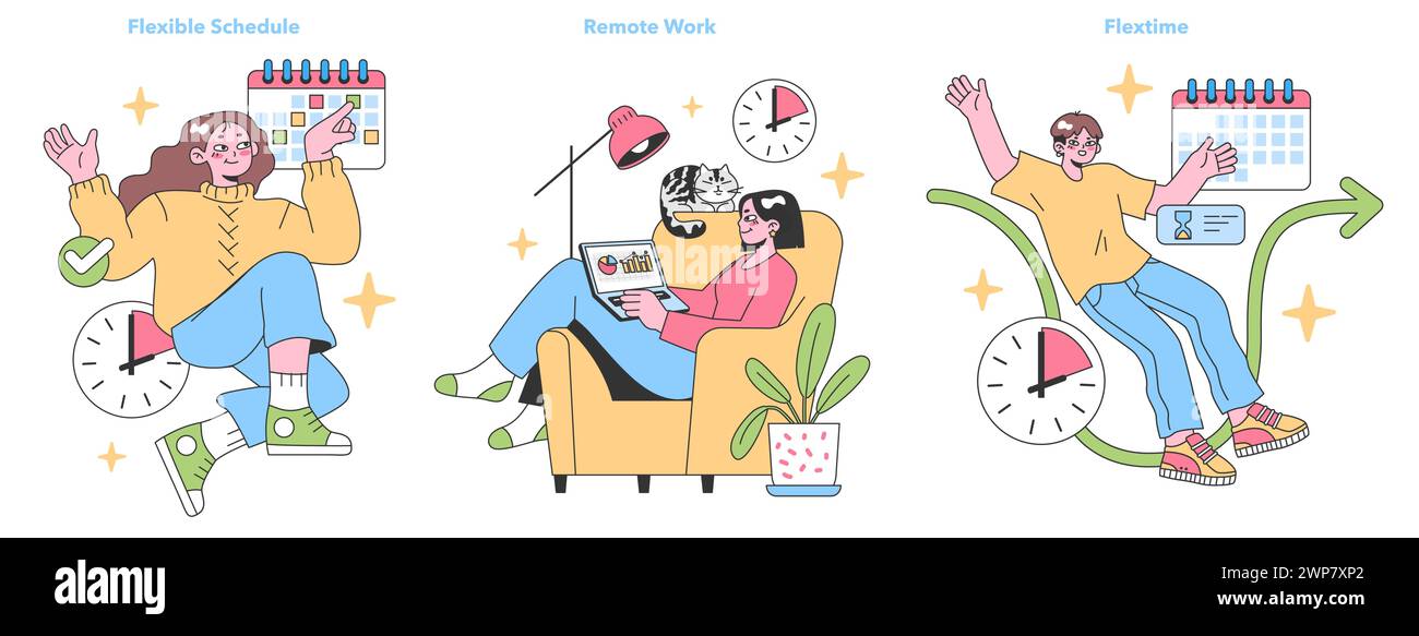 Work flexibility set. Enthusiastic individuals enjoying a flexible ...