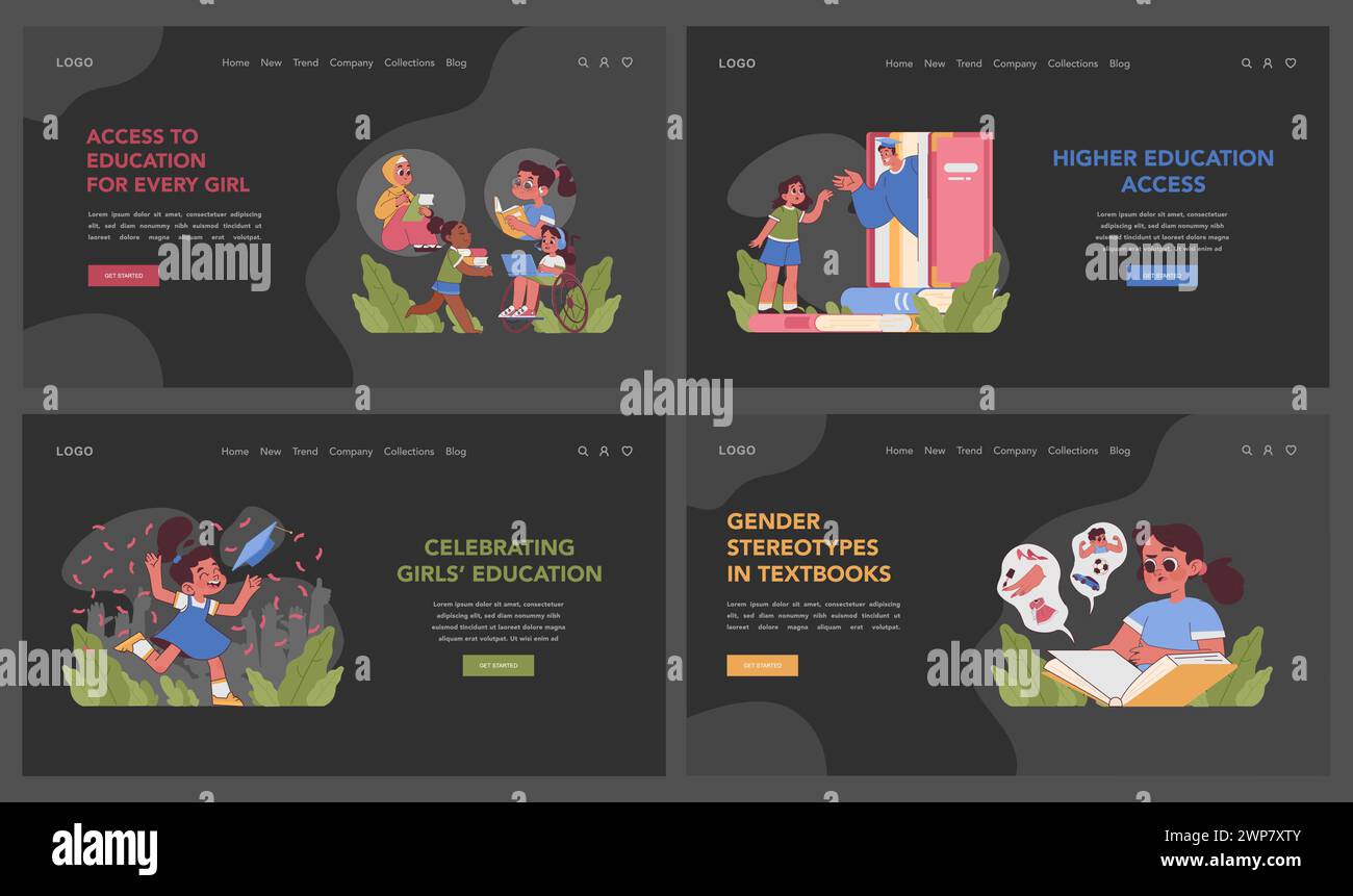 Girls education journey set. Inclusive learning environments, joyous academic achievement, and ...