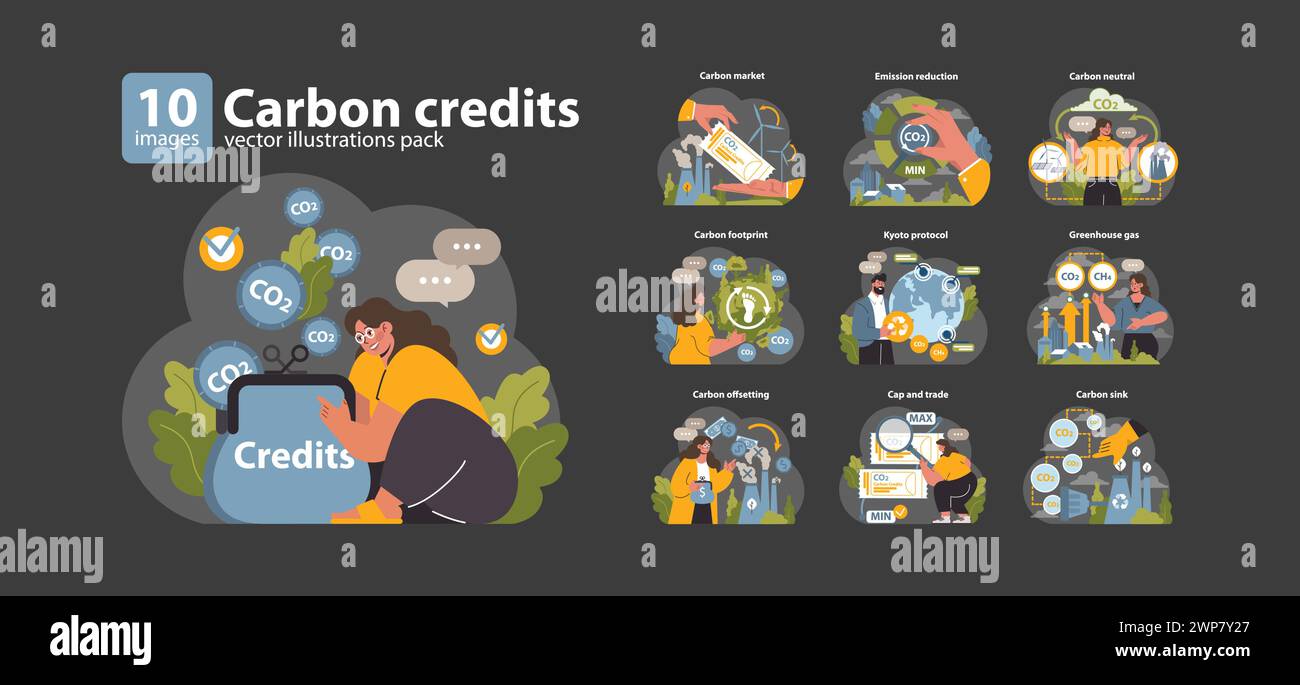 Carbon credits set. Professionals managing CO2 emissions. Emission ...