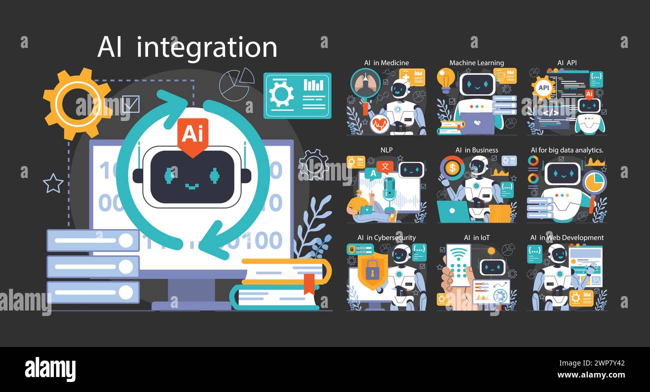 Ai integration dark or night mode set. Artificial intelligence , neural network assistance and ...