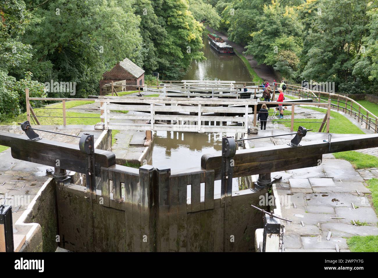 UK, West Yorkshire, Bingley, 5 rise locks on the Leeds Liverpool canal ...