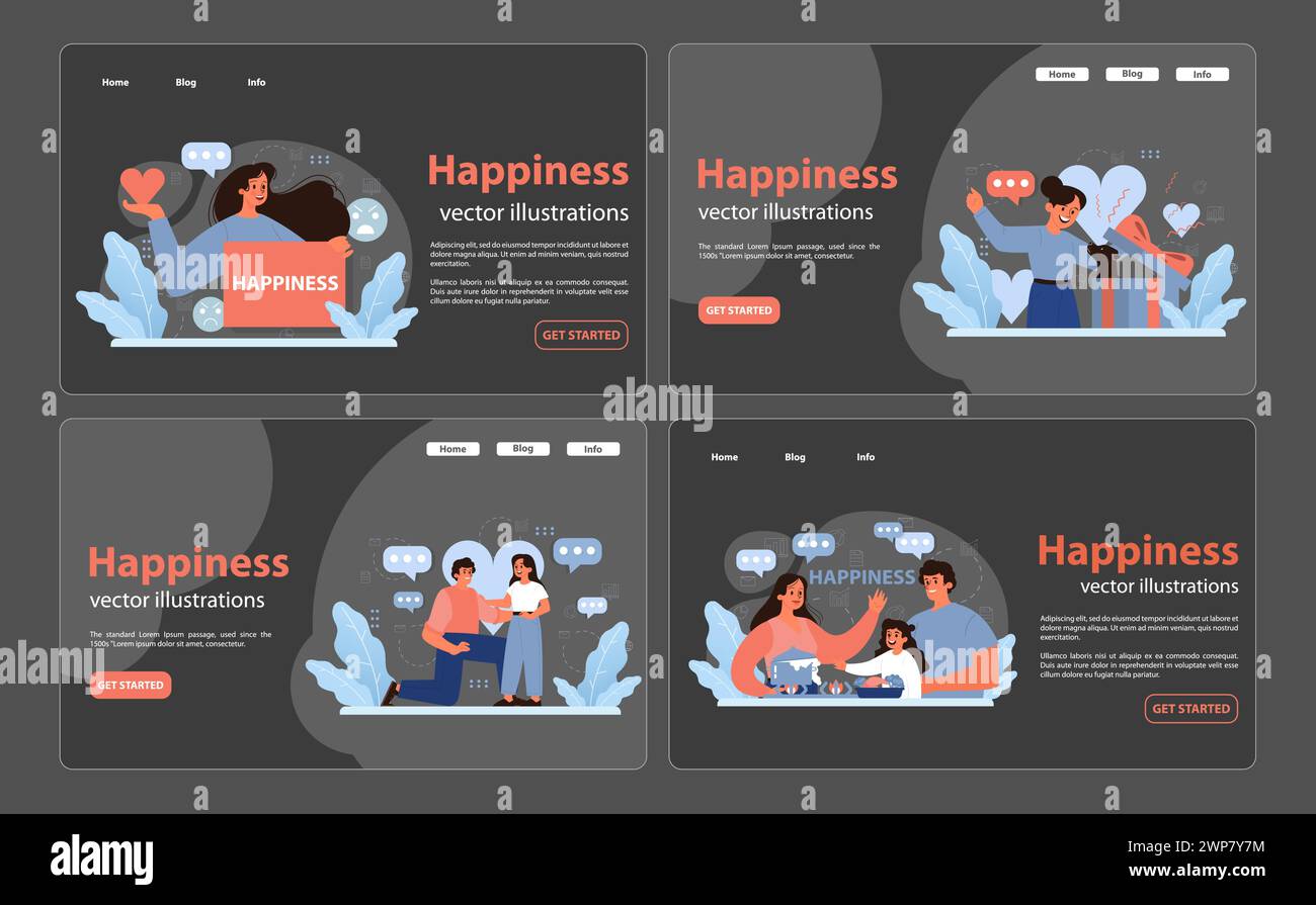 Happiness set. Joyful moments captured: woman with heart, surprise gift ...