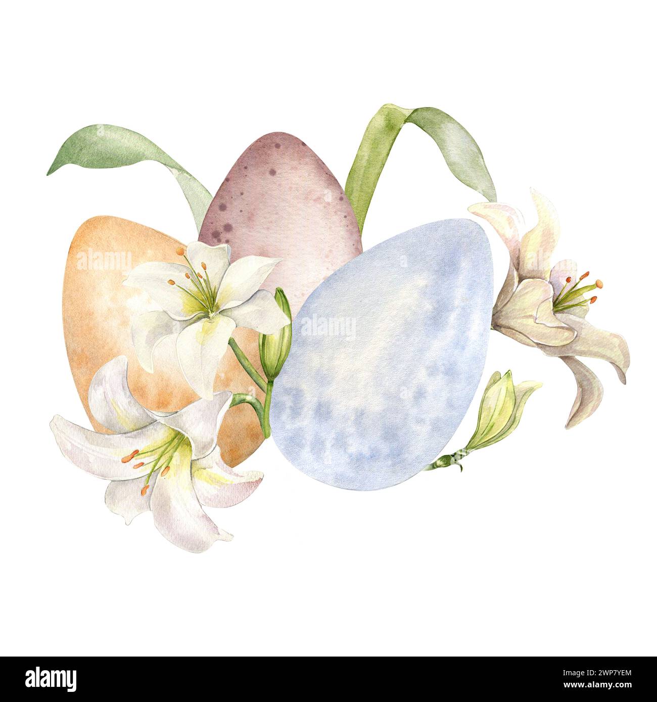 Easter eggs floral composition. White lily Christian symbol watercolor ...