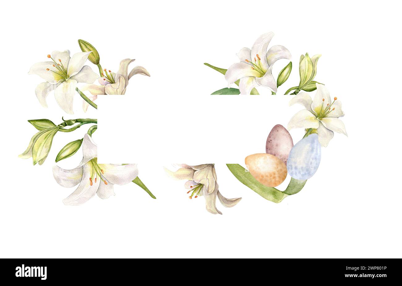 Floral frame with Easter eggs and white flowers. Lily and buds ...