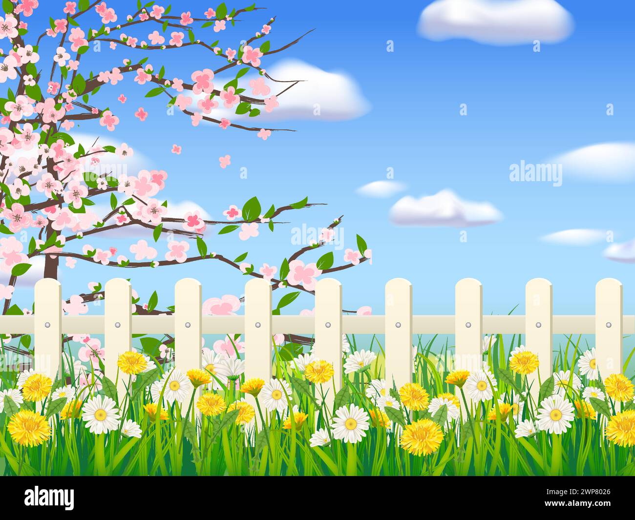 Spring landscape field green grass, blooming tree, daisy, dandelion ...