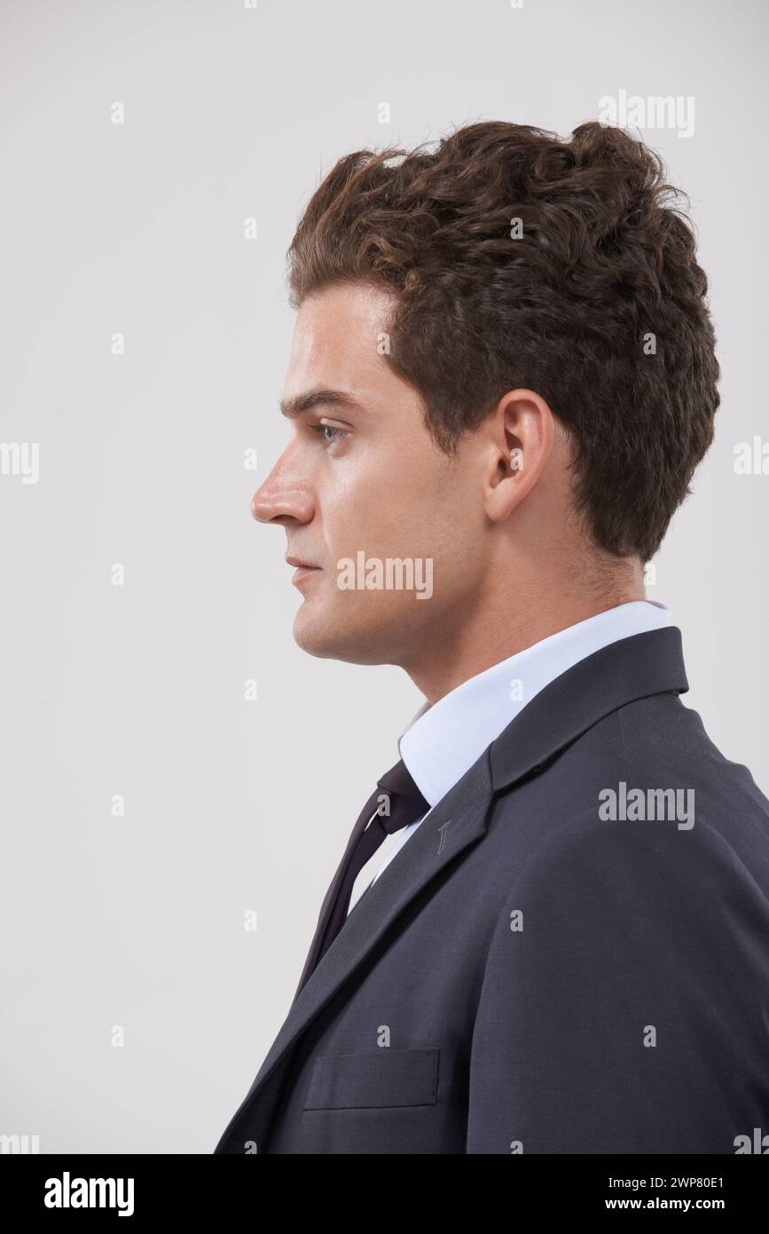 Face profile, thinking and business man with idea isolated on a white ...