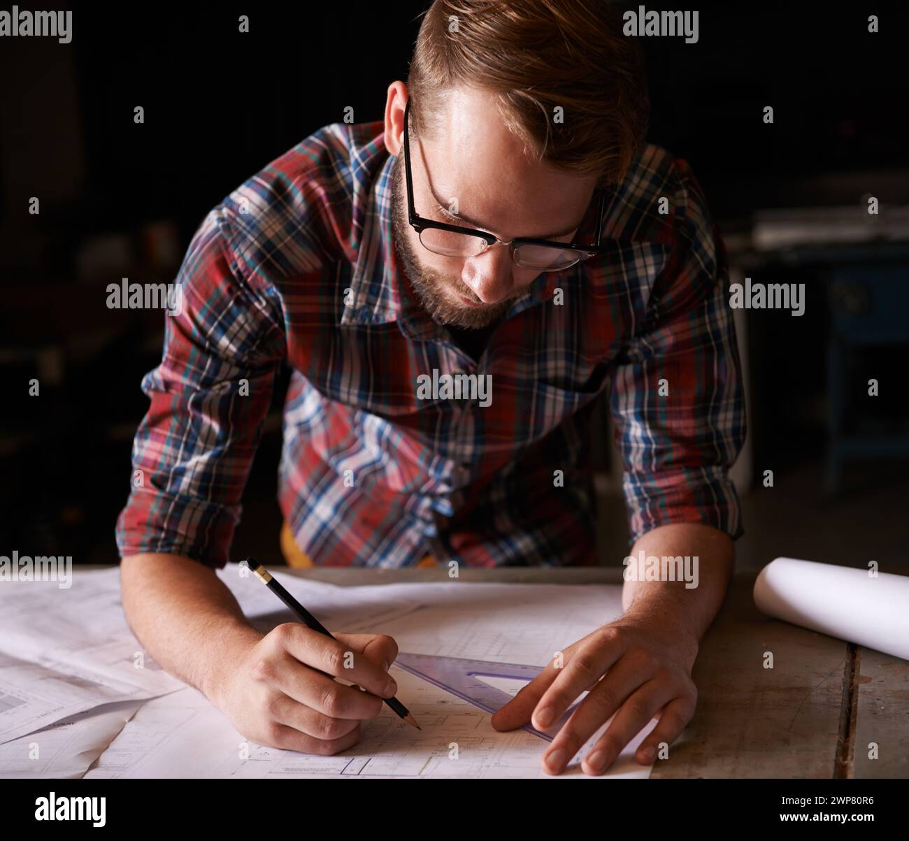 Man, architecture sketch and blueprint, construction for engineering ...