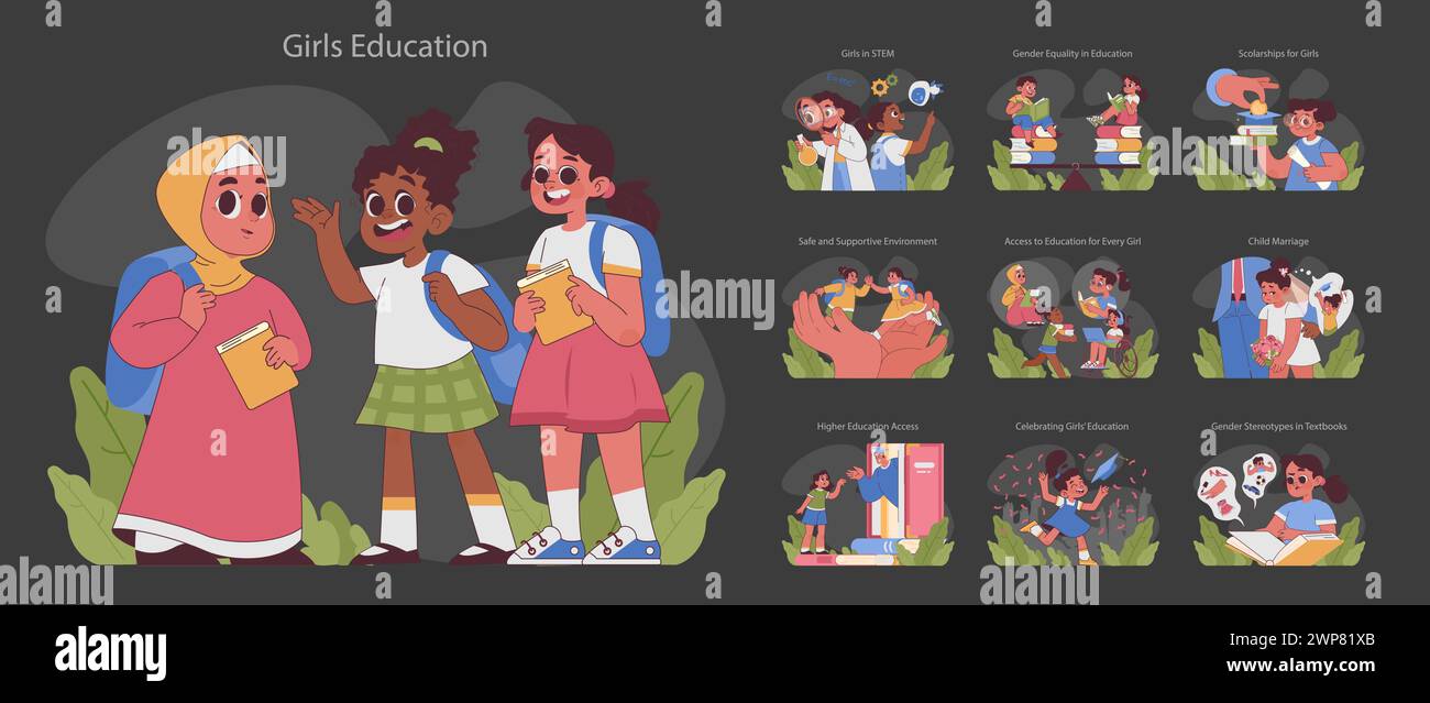 Girls education set. Diverse girls engaging in learning activities ...