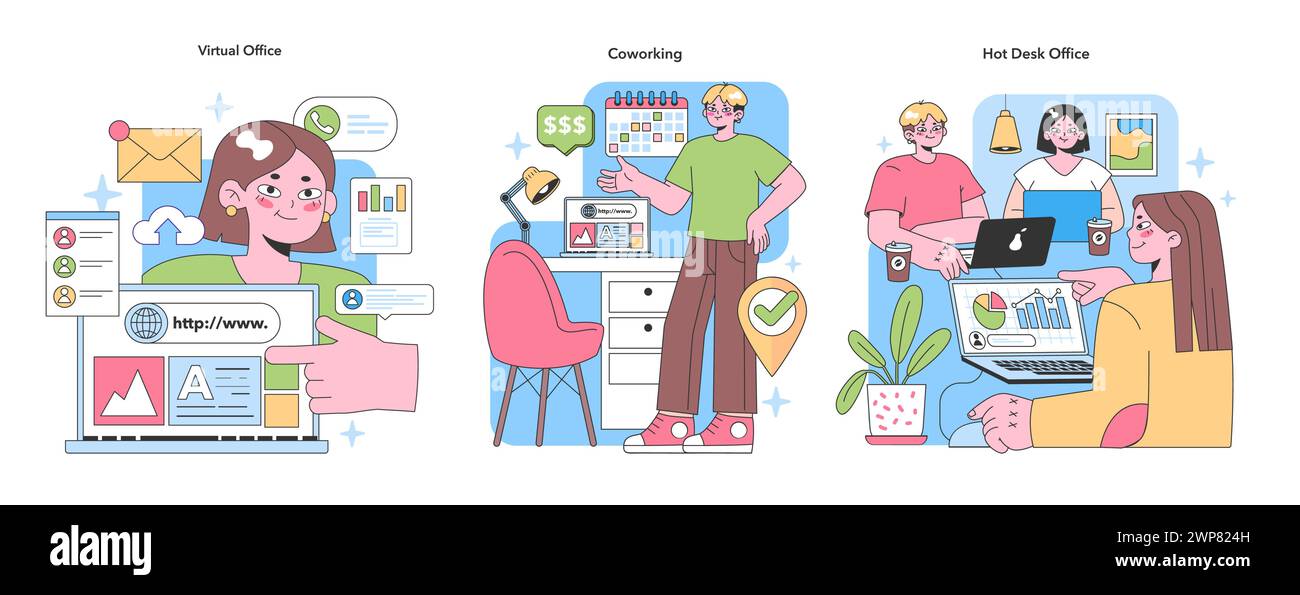 Modern Office Types set. Diverse professionals navigating through ...