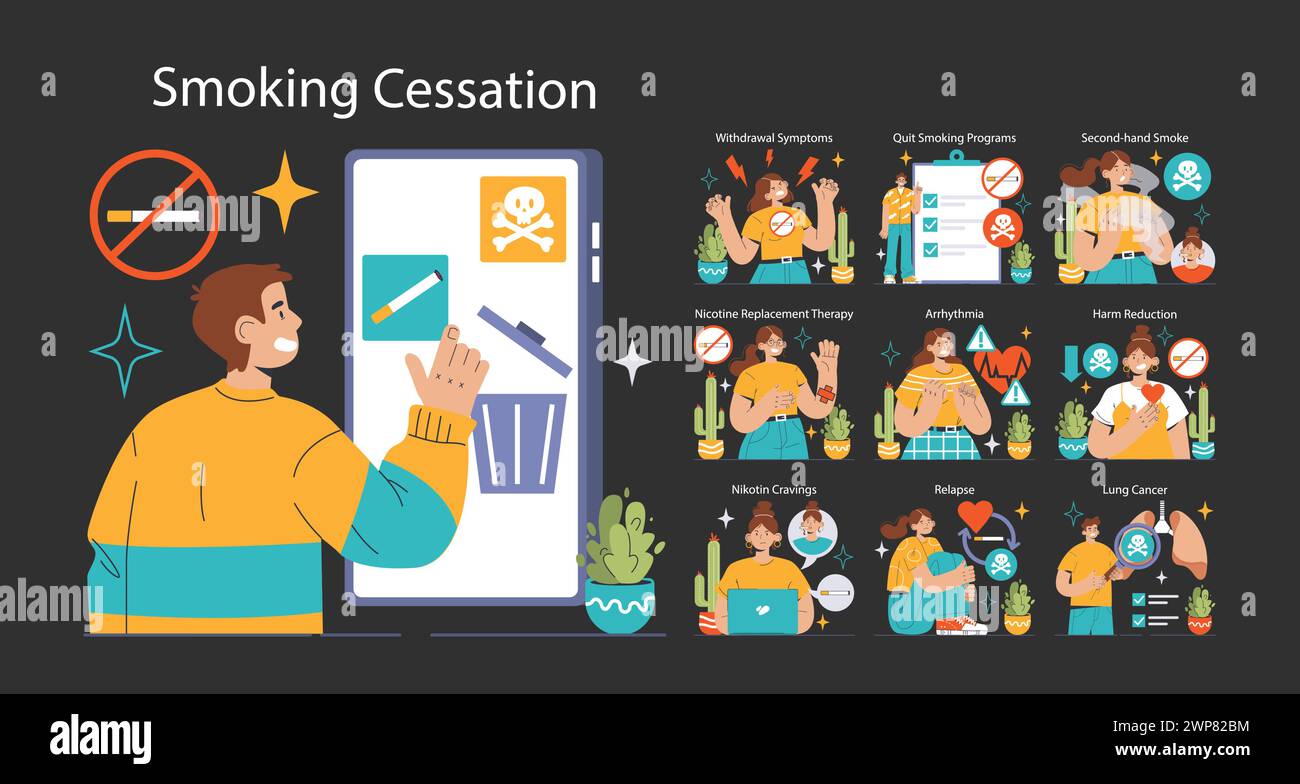 Smoking cessation dark or night mode set. Man making the choice to quit ...