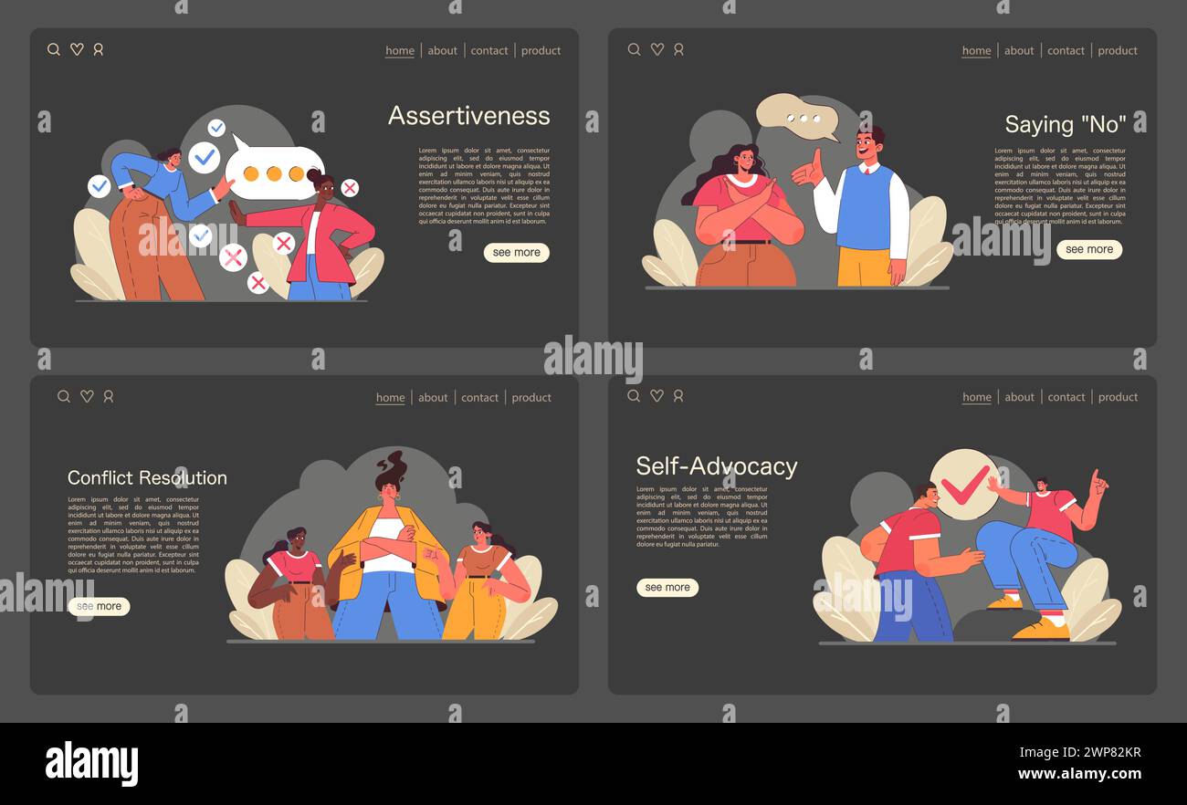 Assertiveness set. Characters display self-respect, conflict resolution ...