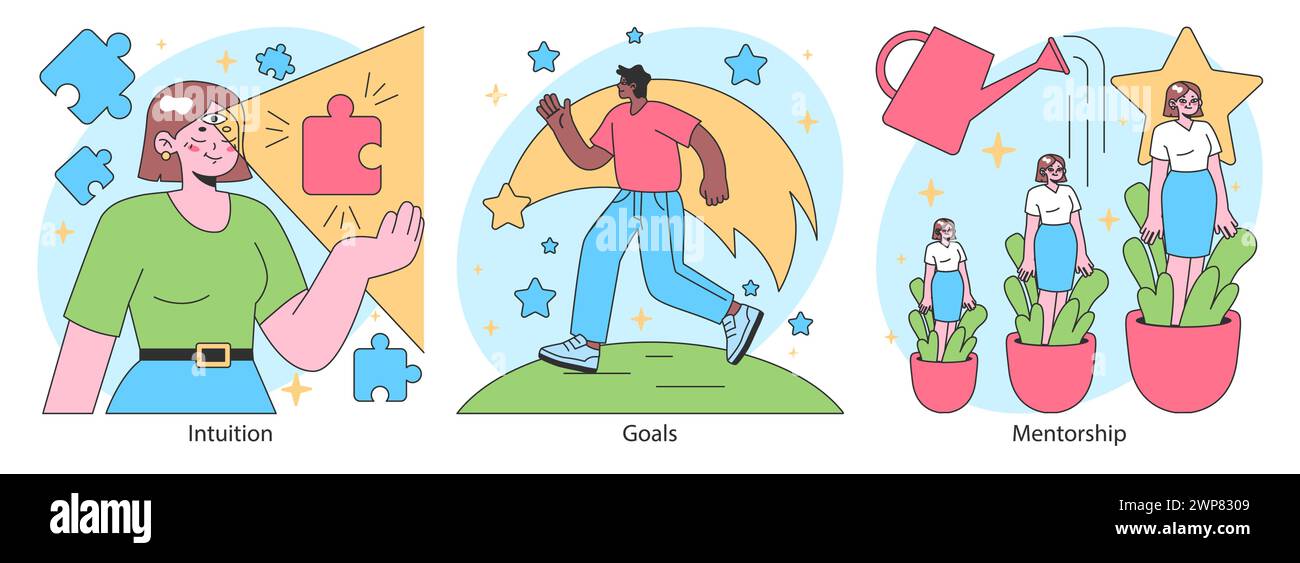 Finding your way in life set. Diverse character navigating personal ...