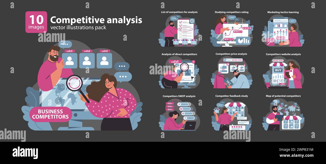 Competitive analysis set. Diverse business strategies and market ...