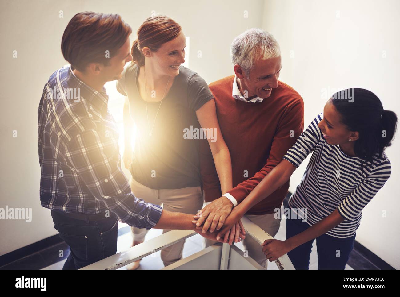 Lens flare, people or hand for diversity, unity or hope in ...