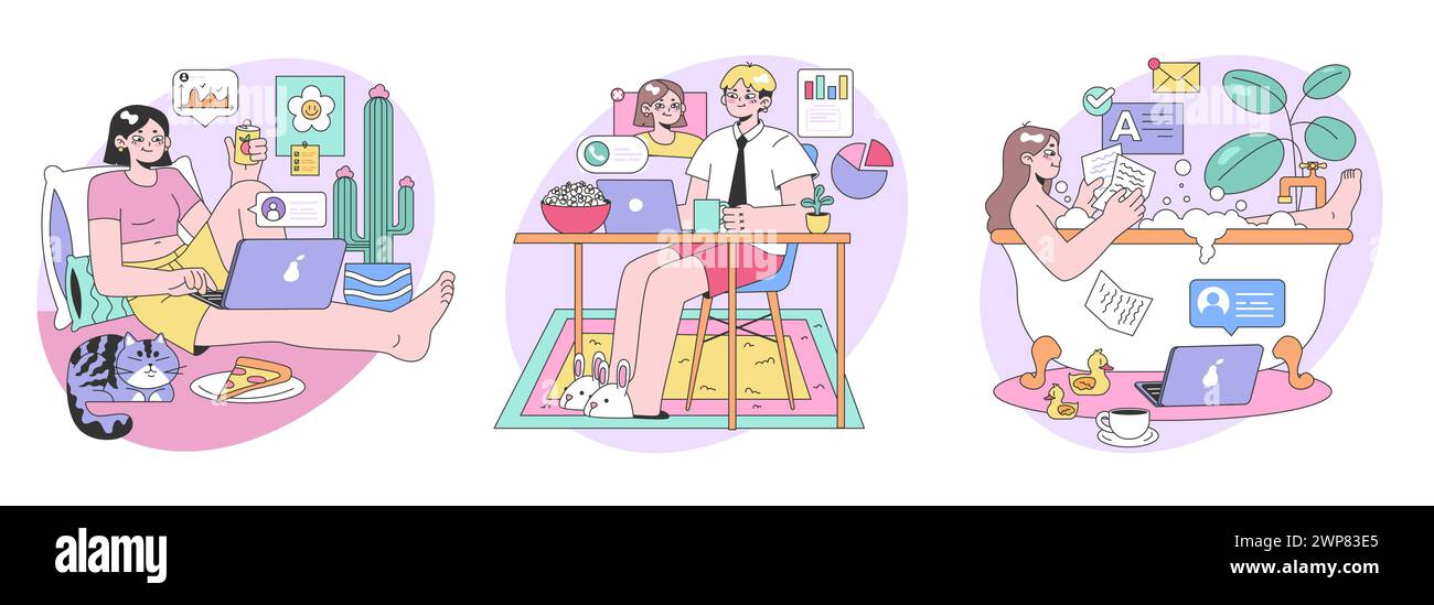 Work from home set. Relaxed professionals multitasking. Analyzing data ...