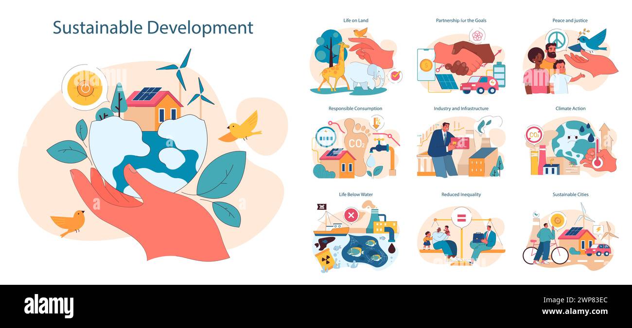 Sustainable development set. Global action for better future, impact on ...