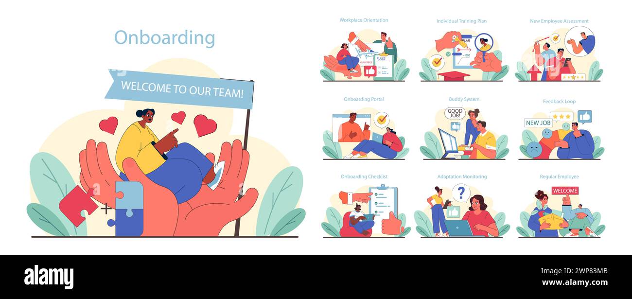 Onboarding set. Welcoming new hires with comprehensive steps. From ...