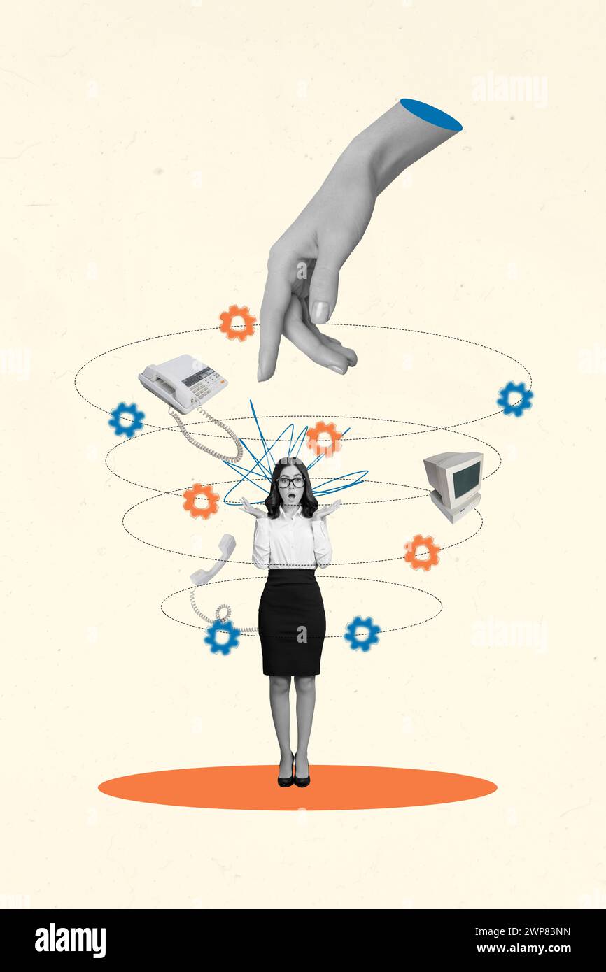 Vertical creative collage banner young attractive woman shocked reaction flying modern ...