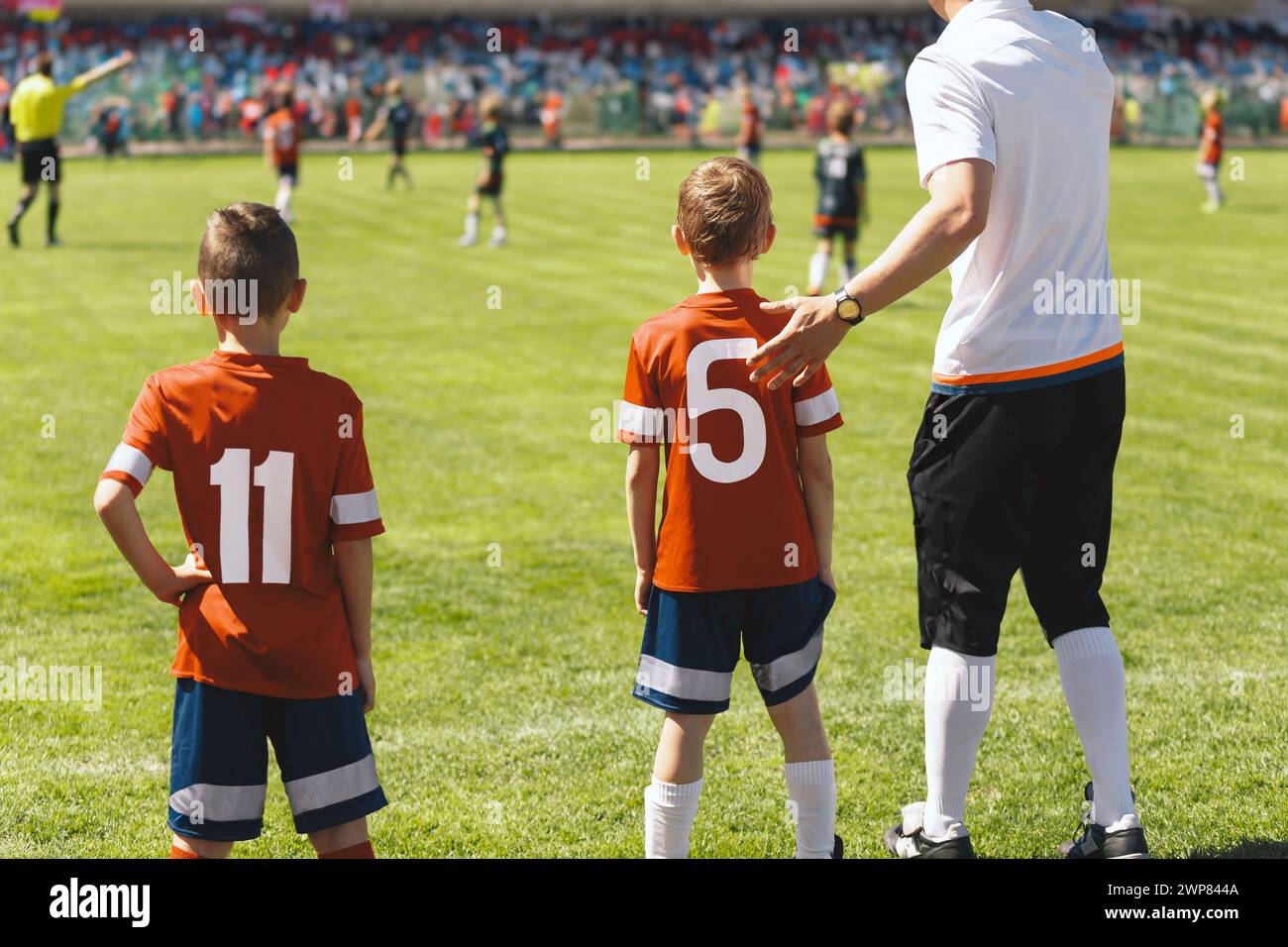 Soccer substitution during children's soccer tournament. Soccer team ...