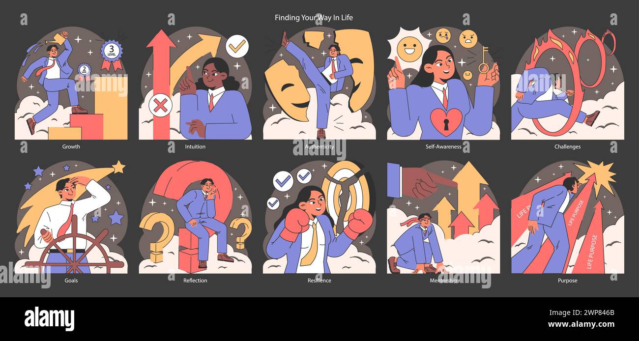 Life navigation dark or night mode set. Personal progress and finding ...