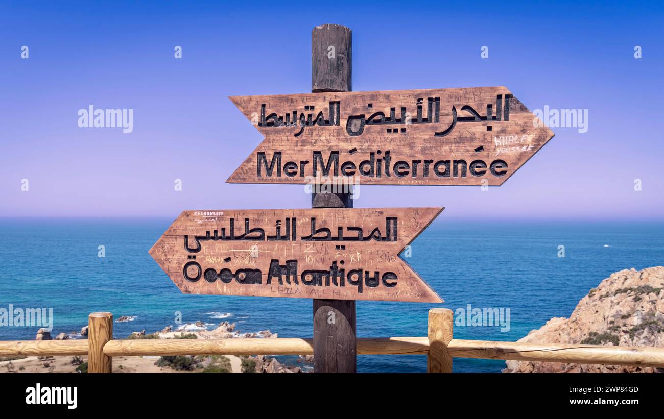 A wooden sign in Arabic showing the directions of Mediterranean sea and ...