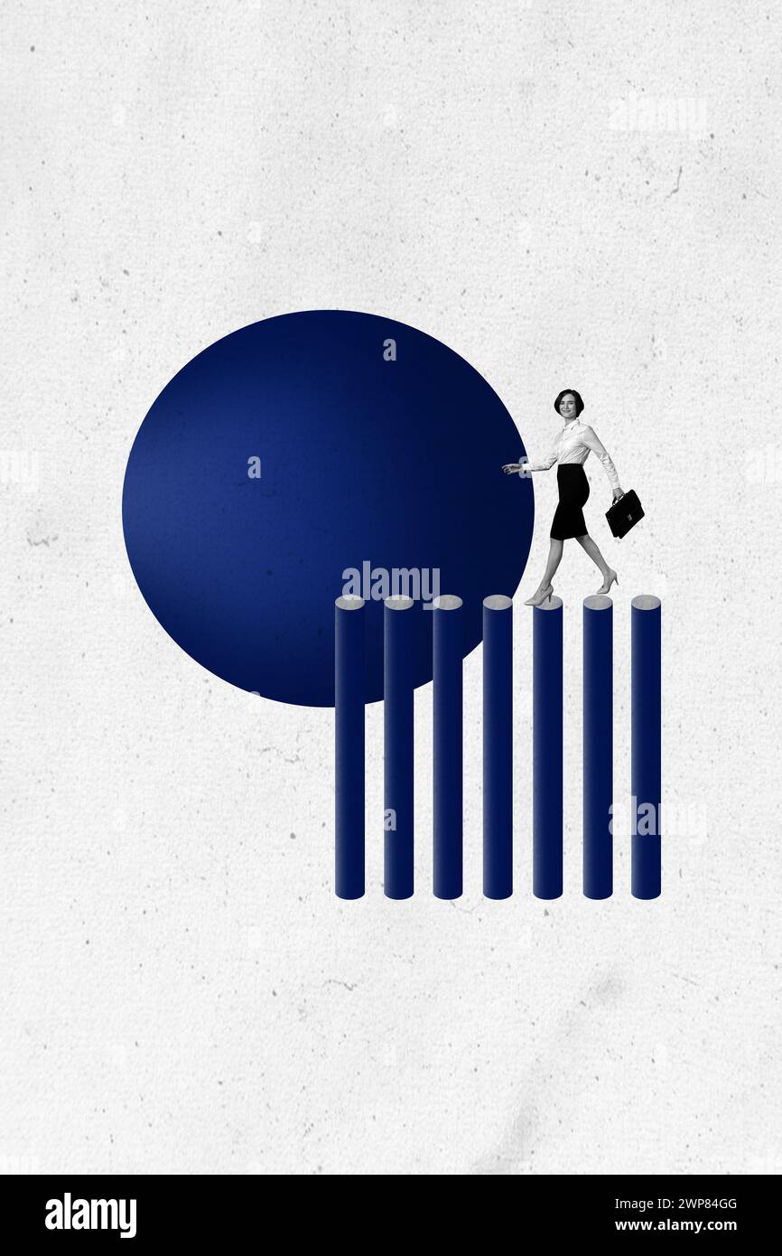 Vertical collage young businesswoman reach success walk columns huge ...