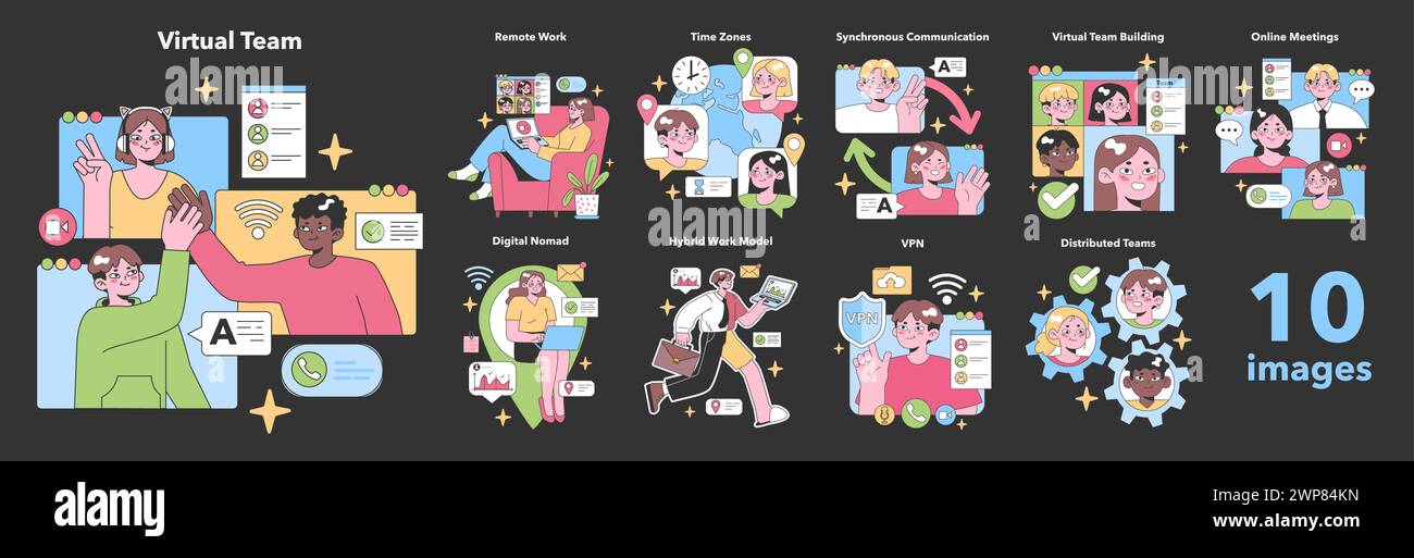 Comprehensive virtual team concepts depicted in a vibrant set, from ... Comprehensive virtual team concepts depicted in a vibrant set, from ...