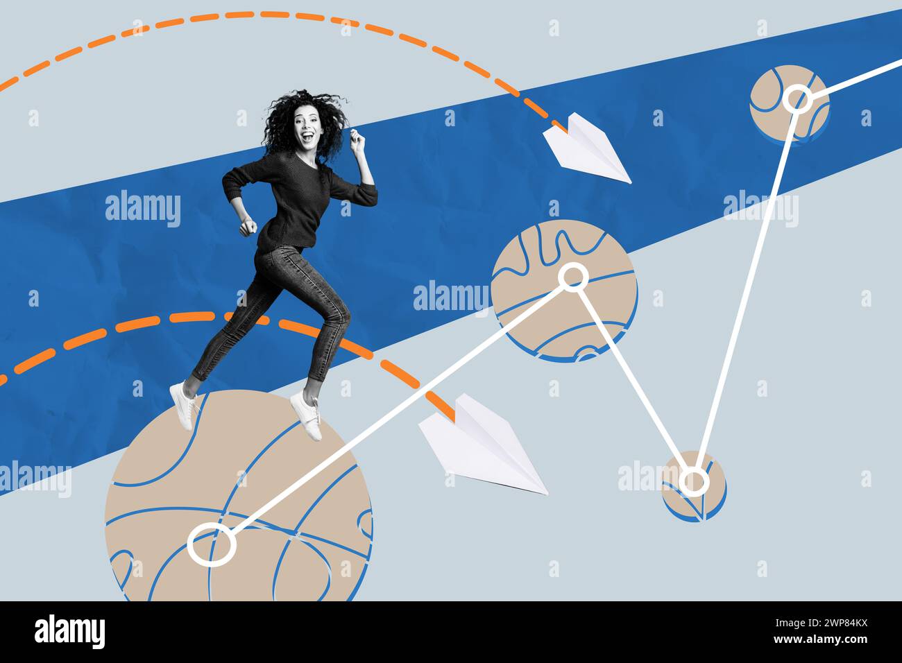 Photo collage picture young running woman jogger towards goal ...