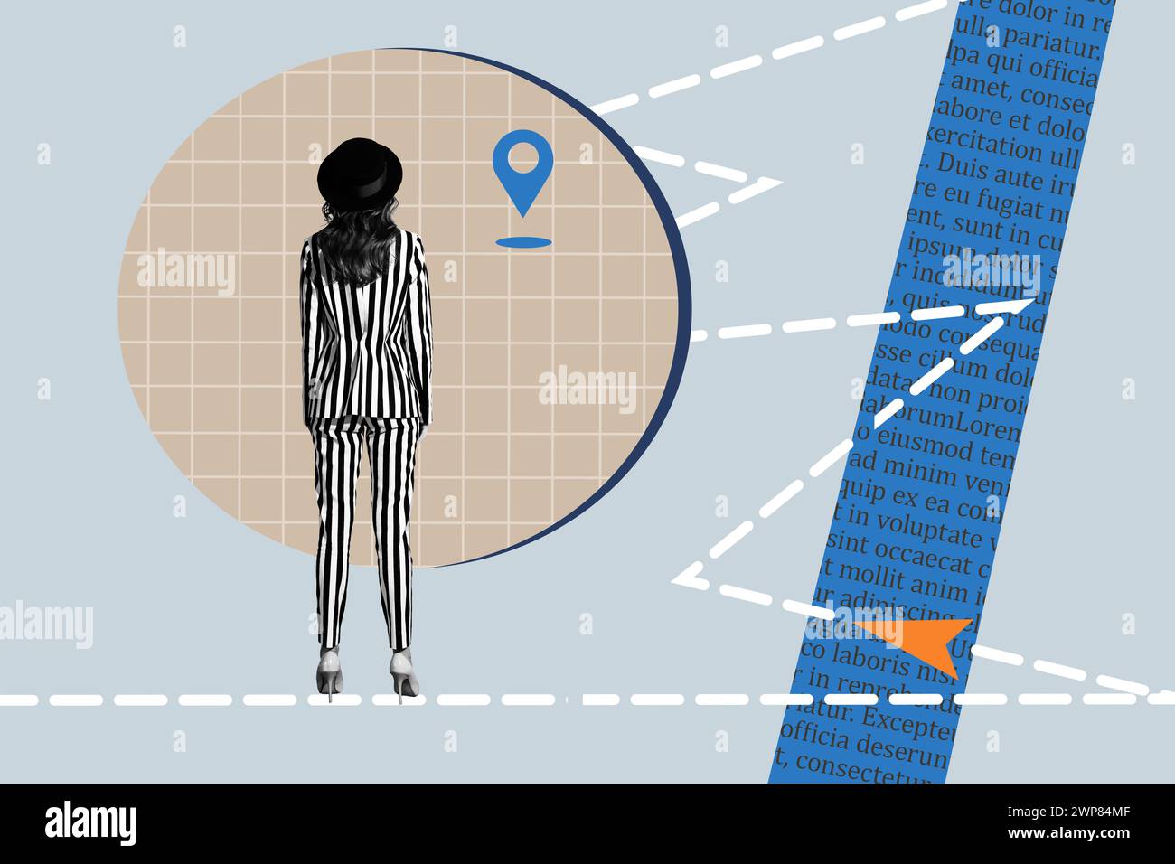 Creative collage young girl lost way navigation map find route right ...