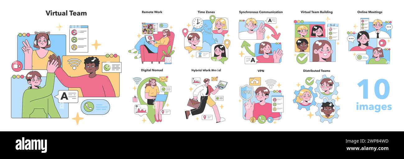 Comprehensive virtual team concepts depicted in a vibrant set, from ...