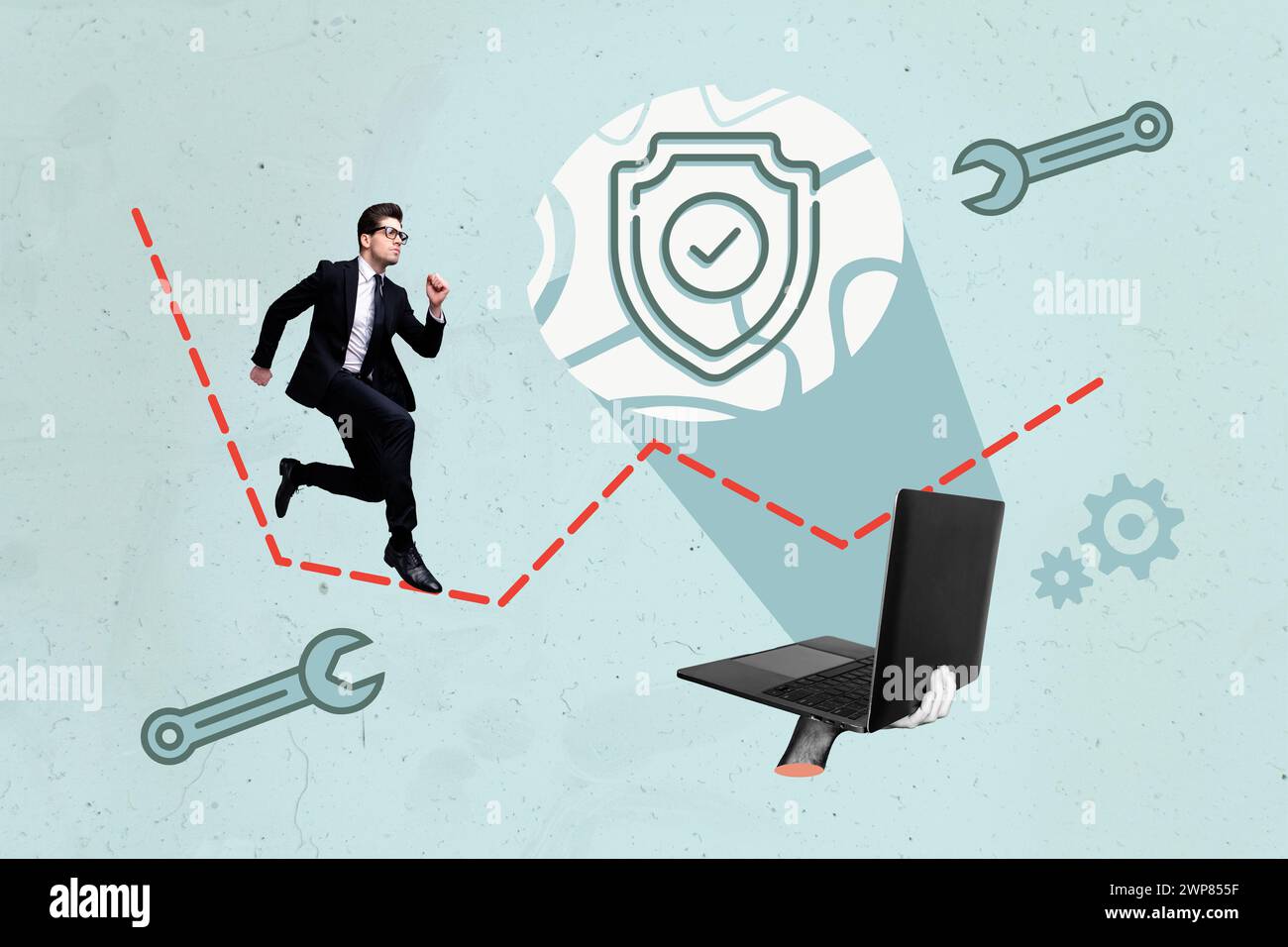 Collage young man go progress statistic charts laptop cybersecurity web safety virus defense ...