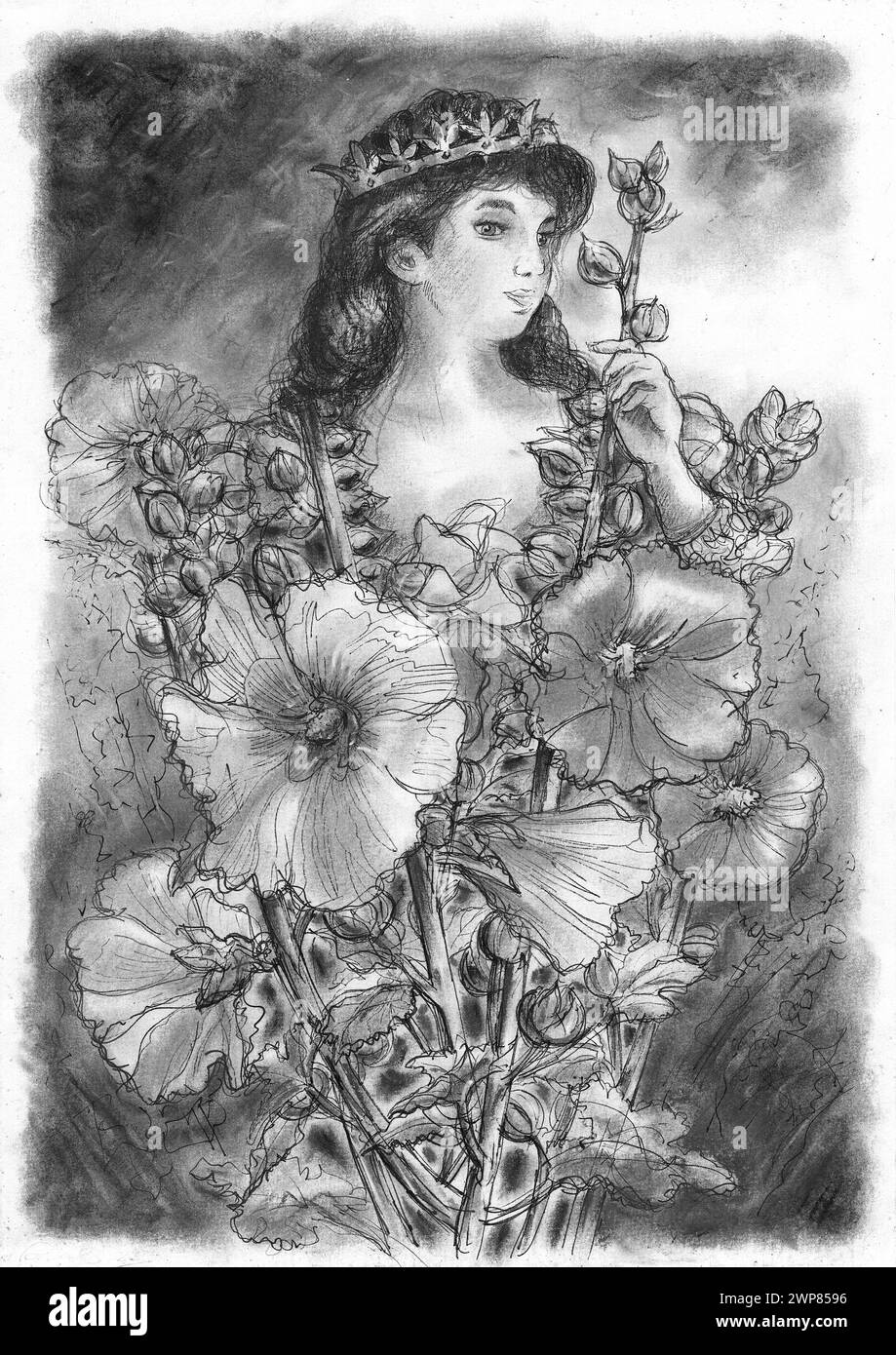 Black and white pencil illustration of a young queen amongst flowers ...