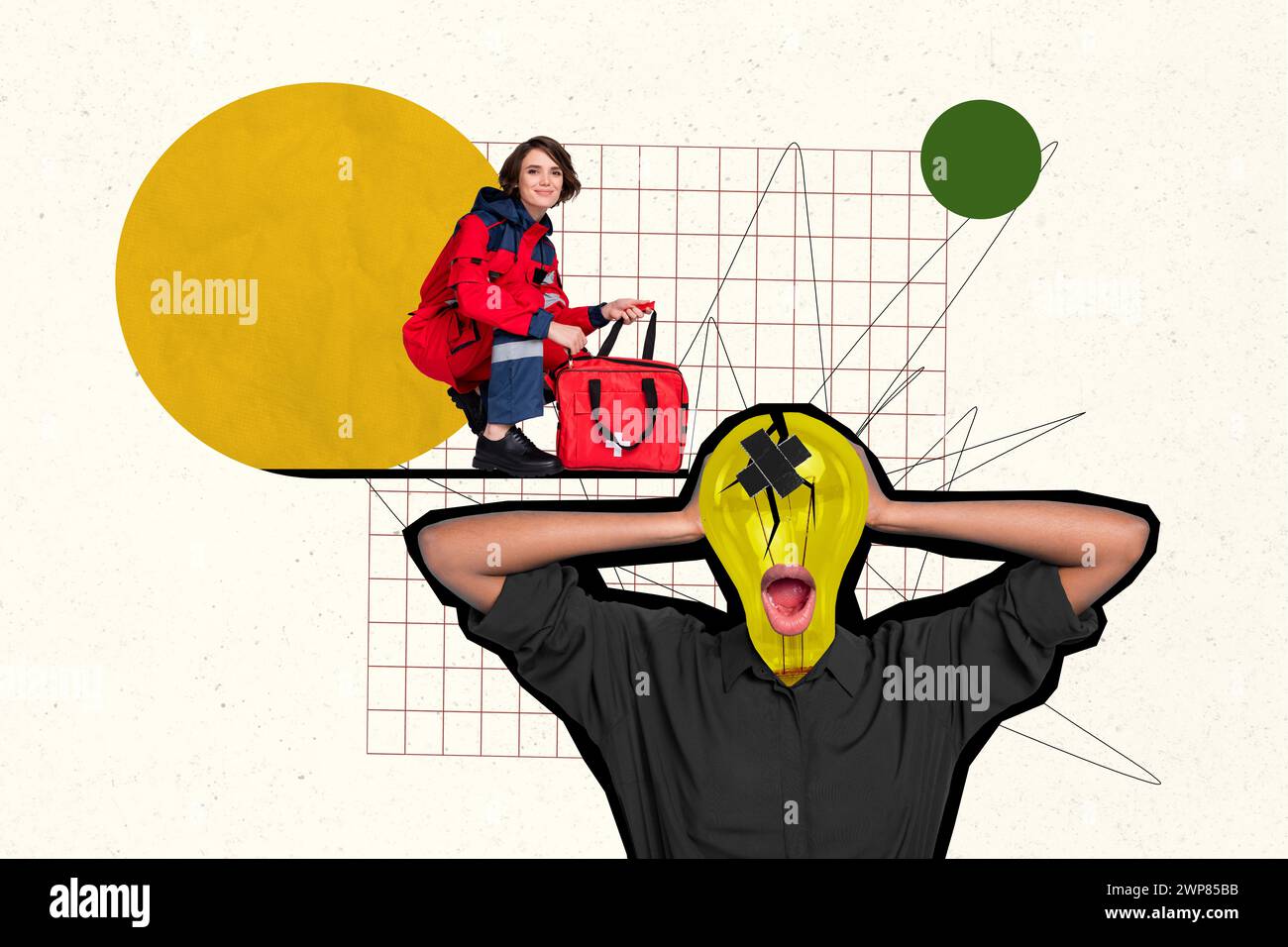 Poster banner image collage of absurd person with cracked light bulb no ...