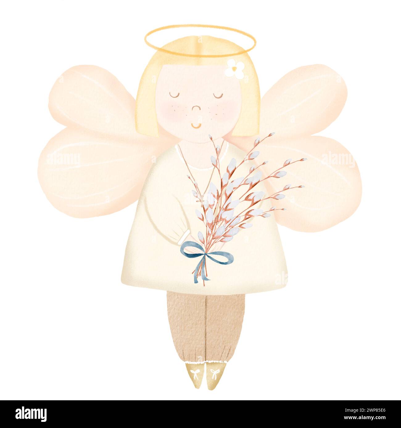Angel watercolor illustration. Cute cherub with a bouquet of willow ...