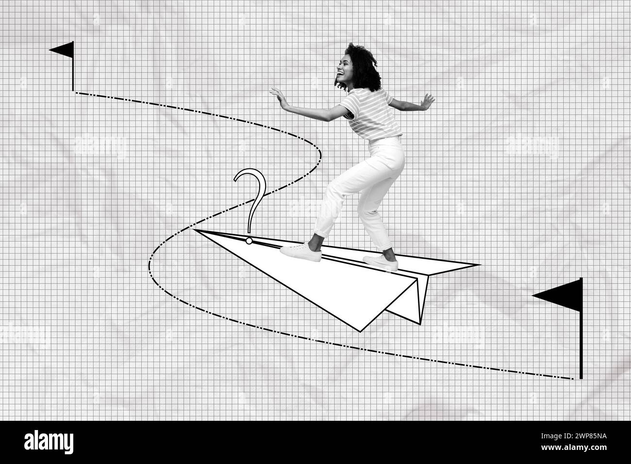 Creative collage young girl fly paper airplane surfer pose start finish ... Creative collage young girl fly paper airplane surfer pose start finish ...